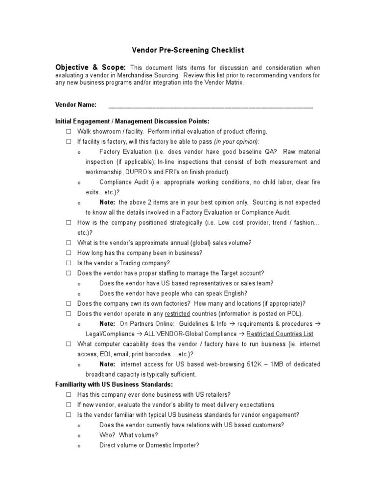 Vendor Pre-Screening Checklist | PDF | Audit | Business