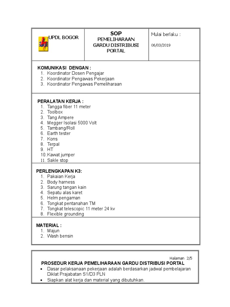 Sop Pemeliharaan Gardu Distribusi Portal | PDF