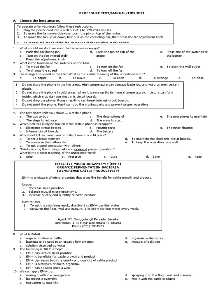 Procedure Text/Manual/Tips Test A. Choose The Best Answer | PDF ...
