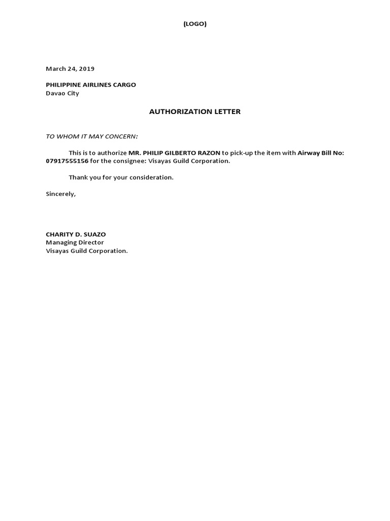 Sample Authorization Letter - PAL Cargo | PDF