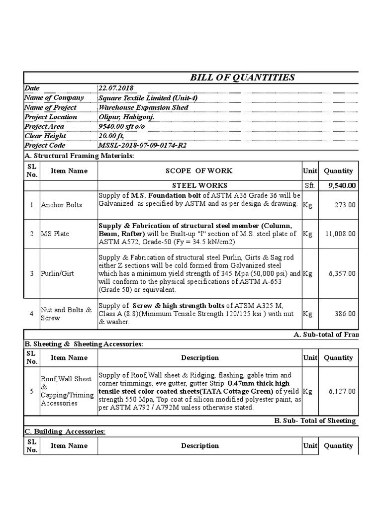 Steel BOQ - Square Warehouse Extension Ltd.16.7.18 | PDF | Structural ...