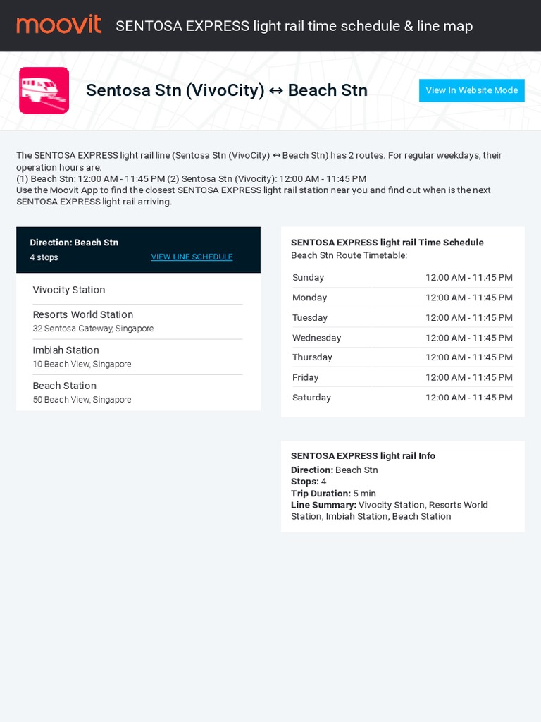 Sentosa STN (Vivocity) Beach STN: Sentosa Express Light Rail Time ...