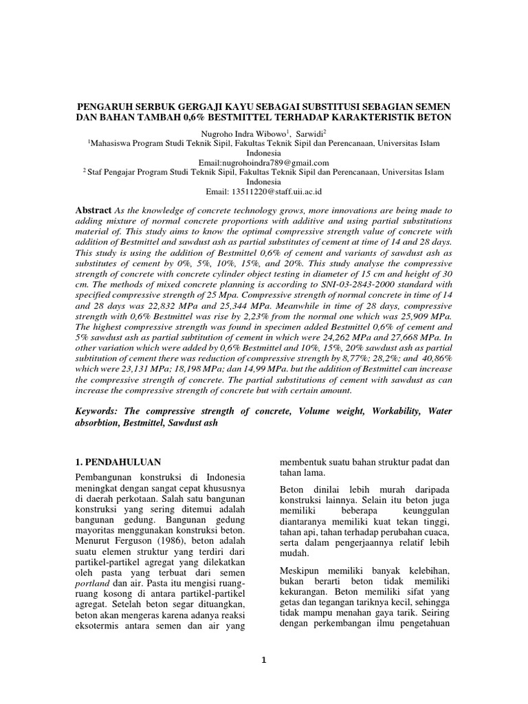 Pengaruh Serbuk Gergaji Kayu Sebagai Substitusi Sebagian Semen Dan ...