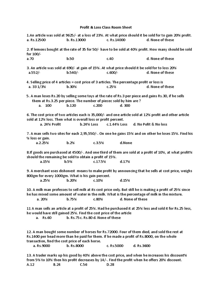 Profit&Loss Class Room and Practice Sheet | PDF | Prices | Profit ...