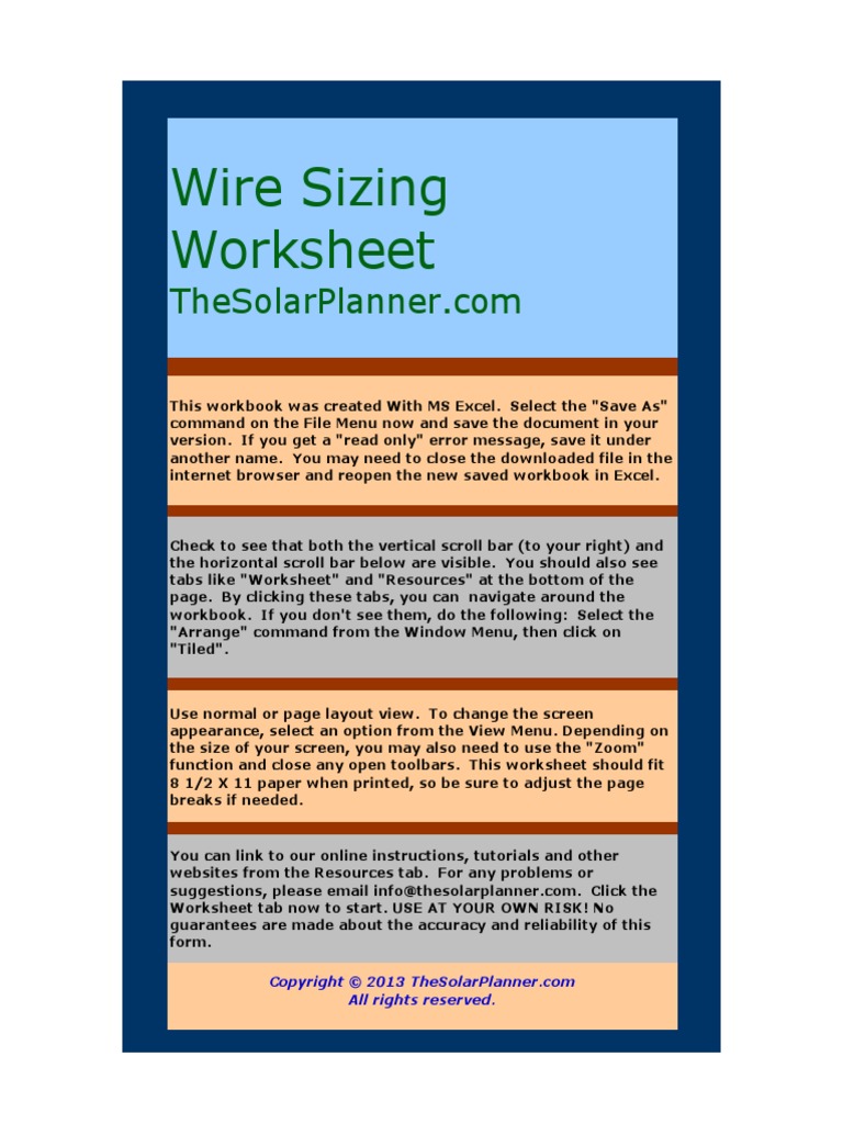 Wire Sizing Worksheet: All Rights Reserved | PDF | Power Inverter ...