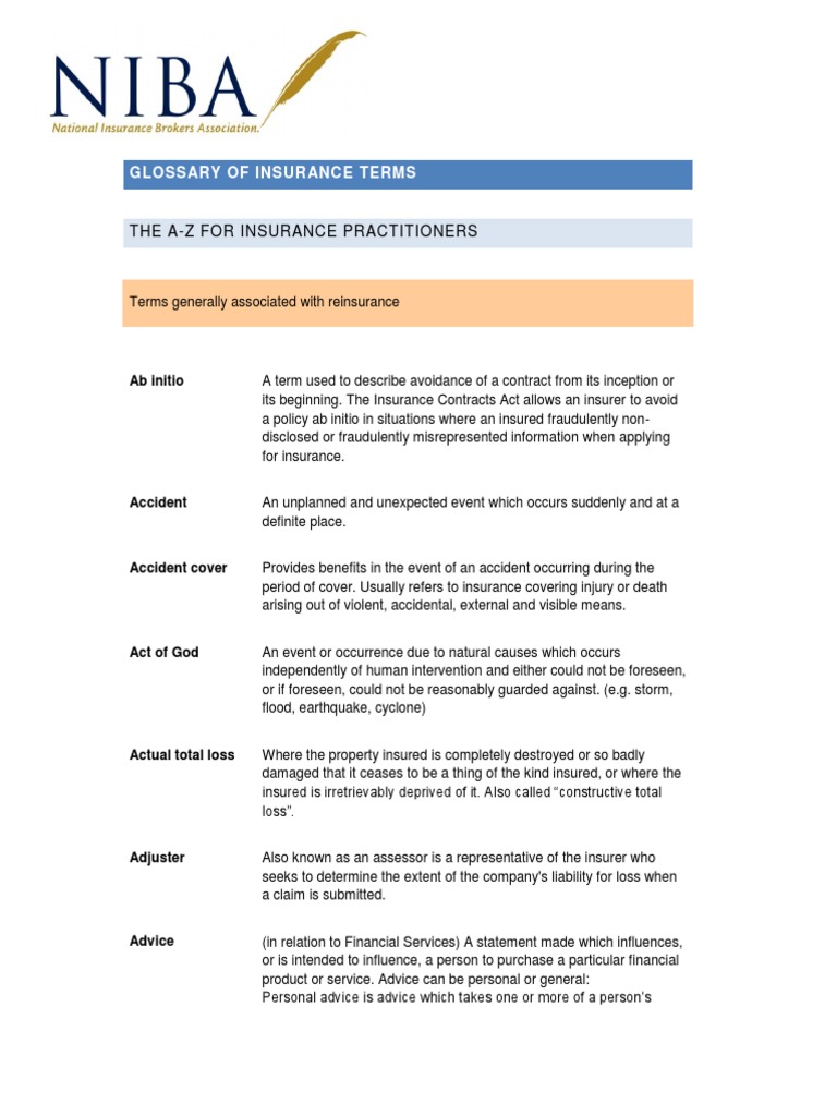 Glossary of Insurance Terms A-Z | PDF | Reinsurance | Insurance