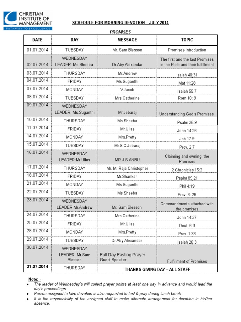 Schedule For Morning Devotion - July 2014: Promises | PDF | Religious ...