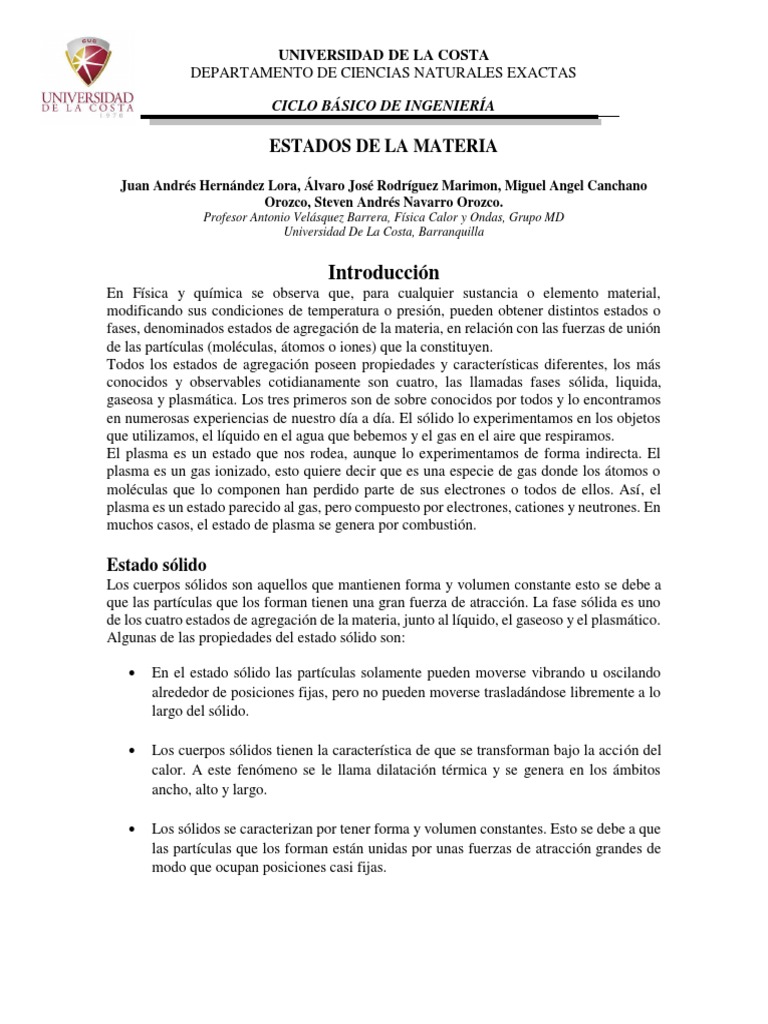Estados de La Materia - Trabajo | PDF | Plasma (Física) | Gases