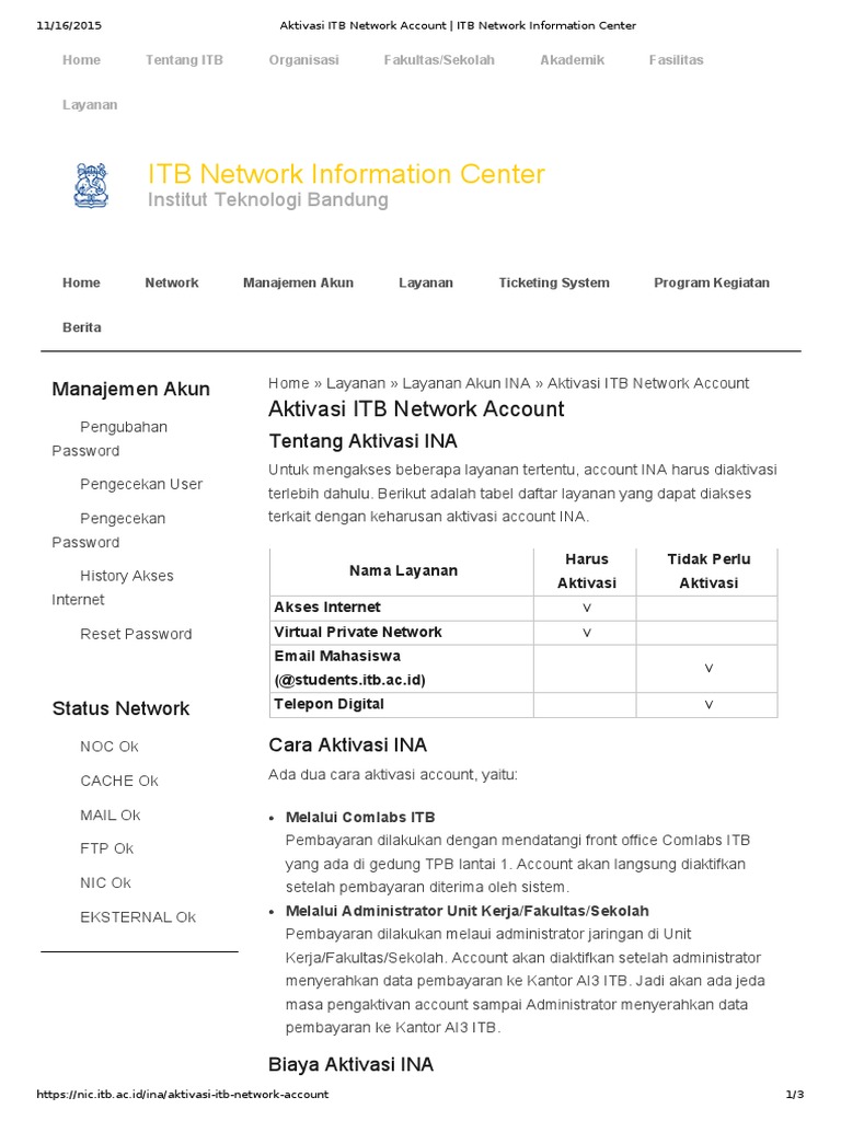 Aktivasi ITB Network Account - ITB Network Information Center | PDF