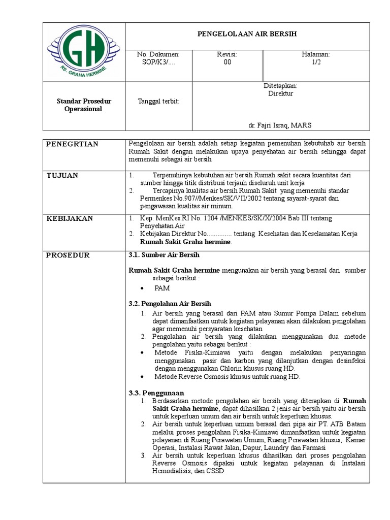 SOP Pengelolaan Air Bersih RSGH | PDF
