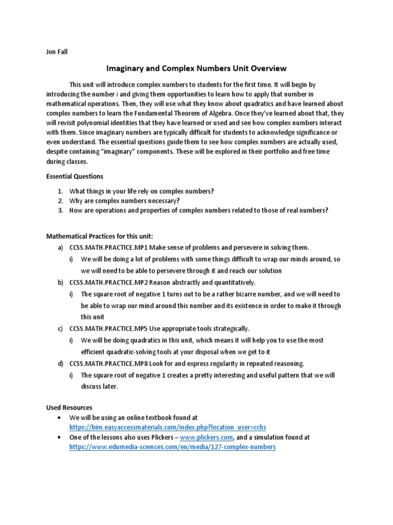 Unit Overview - Complex Numbers | PDF | Complex Number | Numbers
