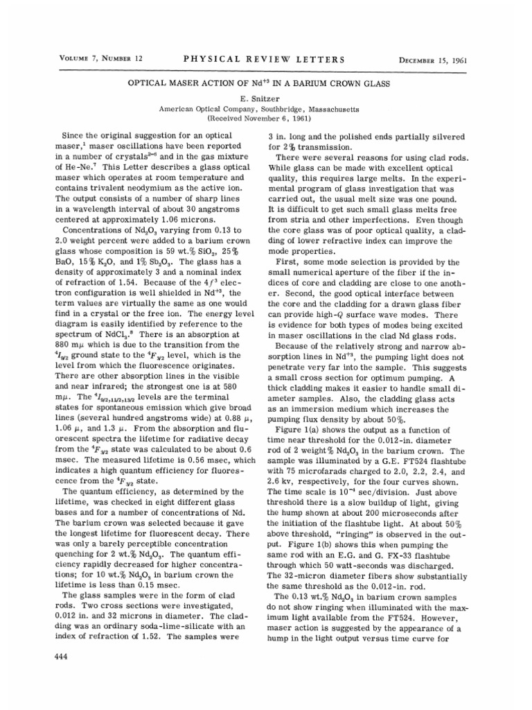 Snitzer 1961 - OPTICAL MASER ACTION OF Nd+3 IN A BARIUM CROWN GLASS ...