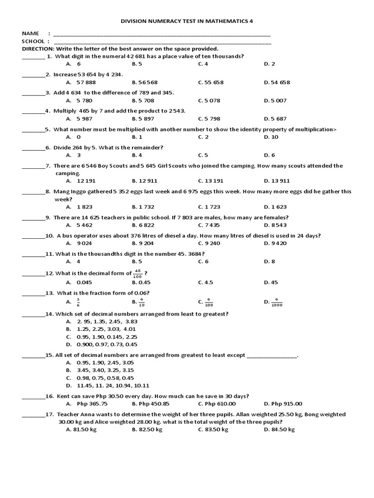 Division Numeracy Test Grade 4 | PDF | Metre | Teaching Mathematics