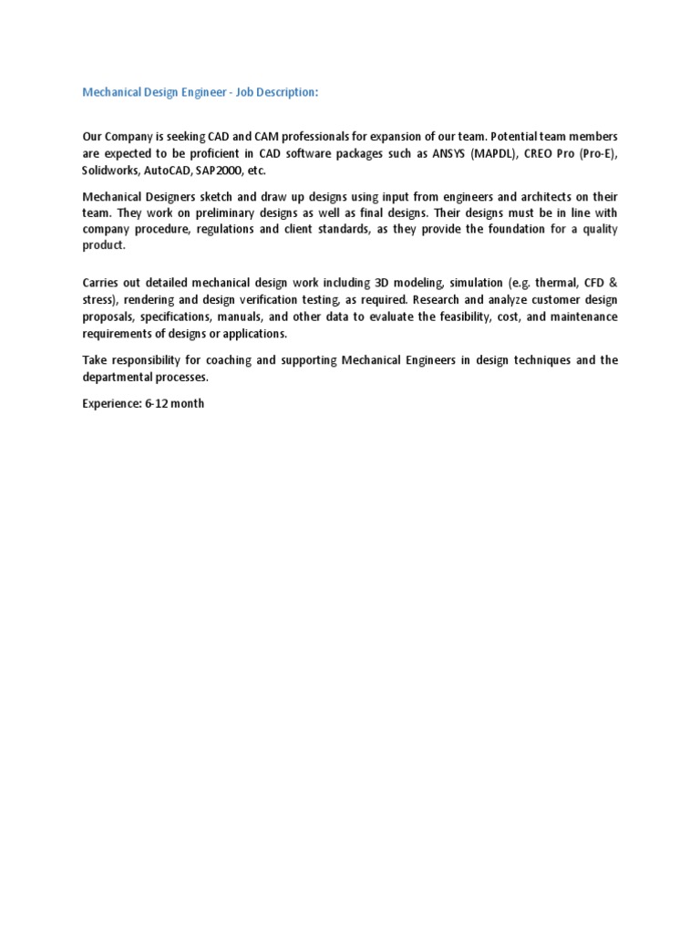 Mechanical Design Engineer - Job Description:: For A Quality Product | PDF