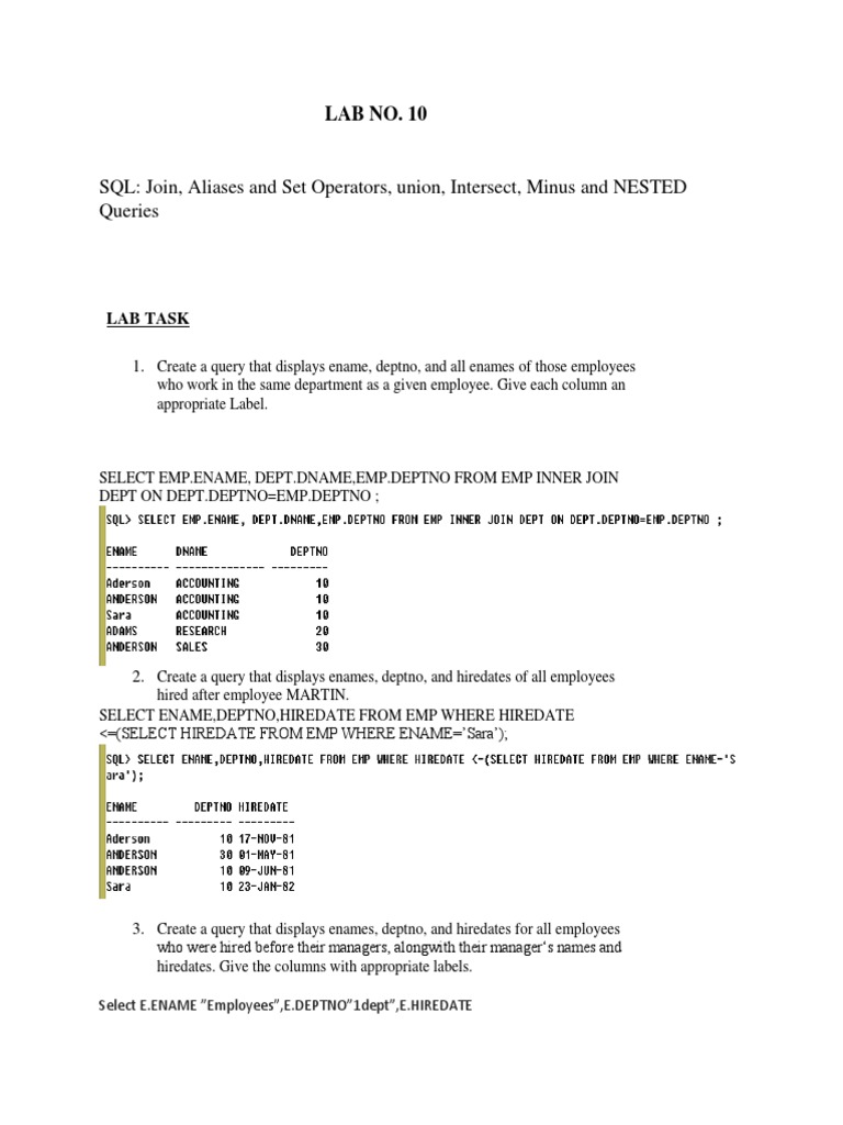 SQL: Join, Aliases and Set Operators, Union, Intersect, Minus and NESTED Queries | PDF | Computers