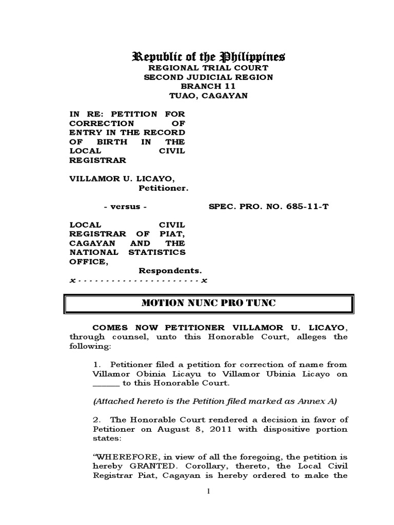Republic of The Philippines: Motion Nunc Pro Tunc | PDF | Separation Of ...