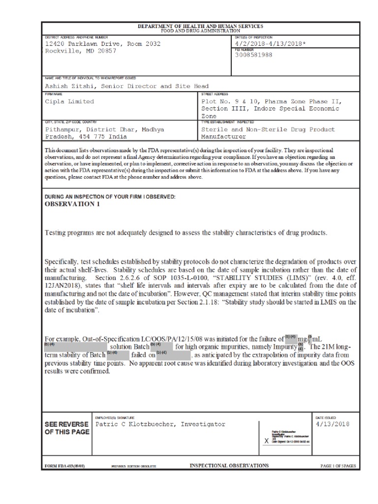 CIPLA 483 Issued by USFDA | PDF