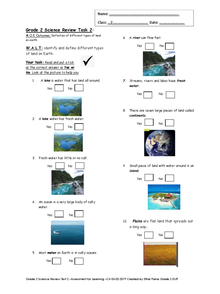Grade 2 Science Land Types Review Test | PDF | Lake | River