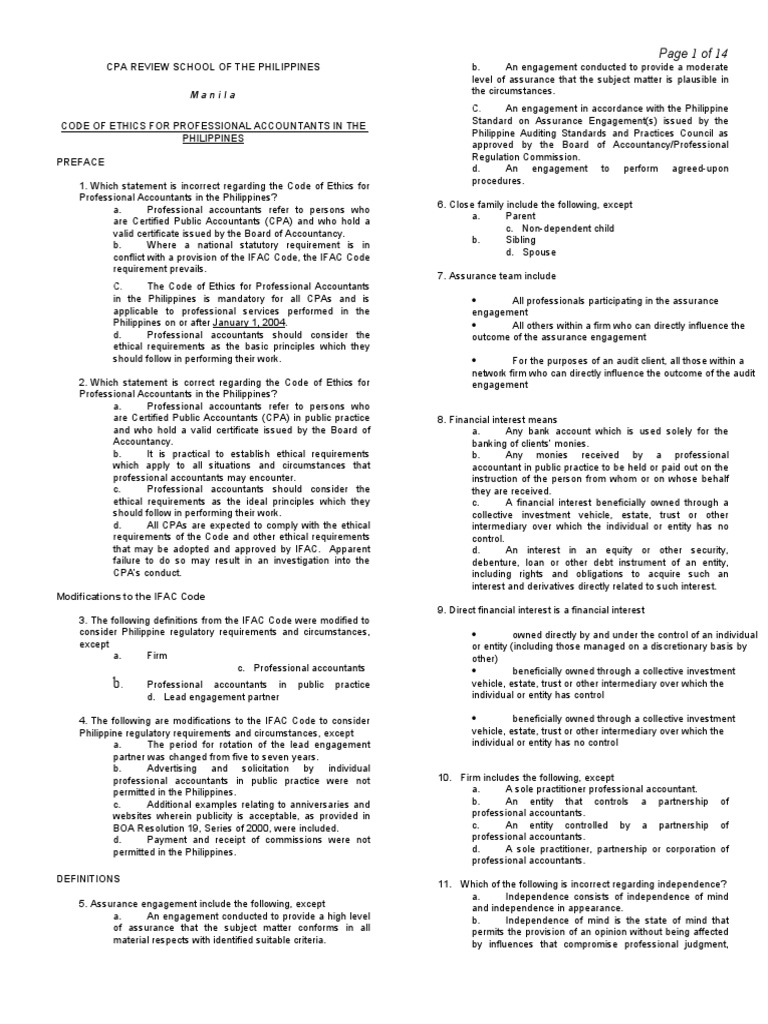 Code of Ethics CPAR Manila Reviewer | Download Free PDF | Certified ...
