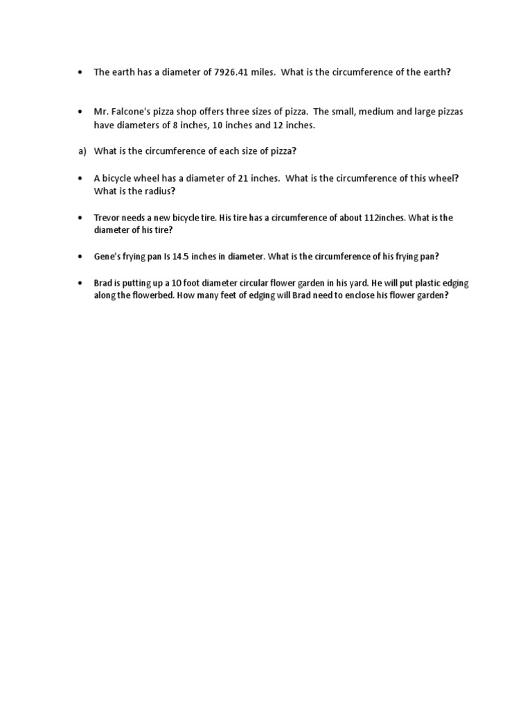 Circumference and Area Word Problems HW | PDF