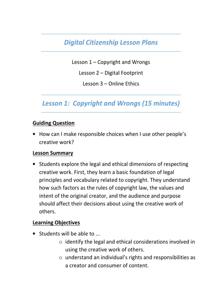 Digital Citizenship Lesson Plans | PDF | Fair Use | Learning