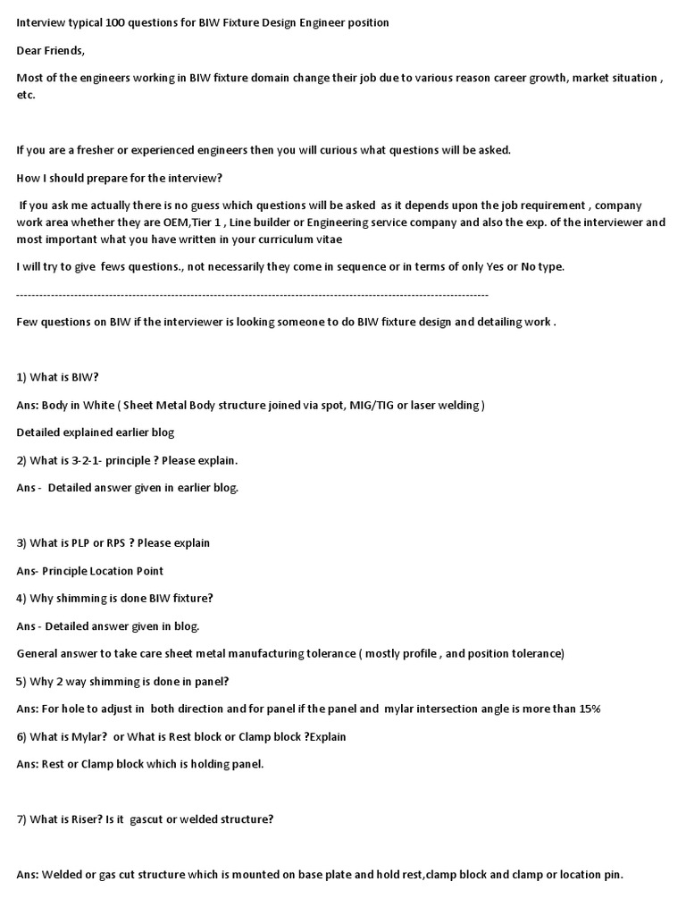 Interview Typical 100 Questions For BIW Fixture Design Engineer ...