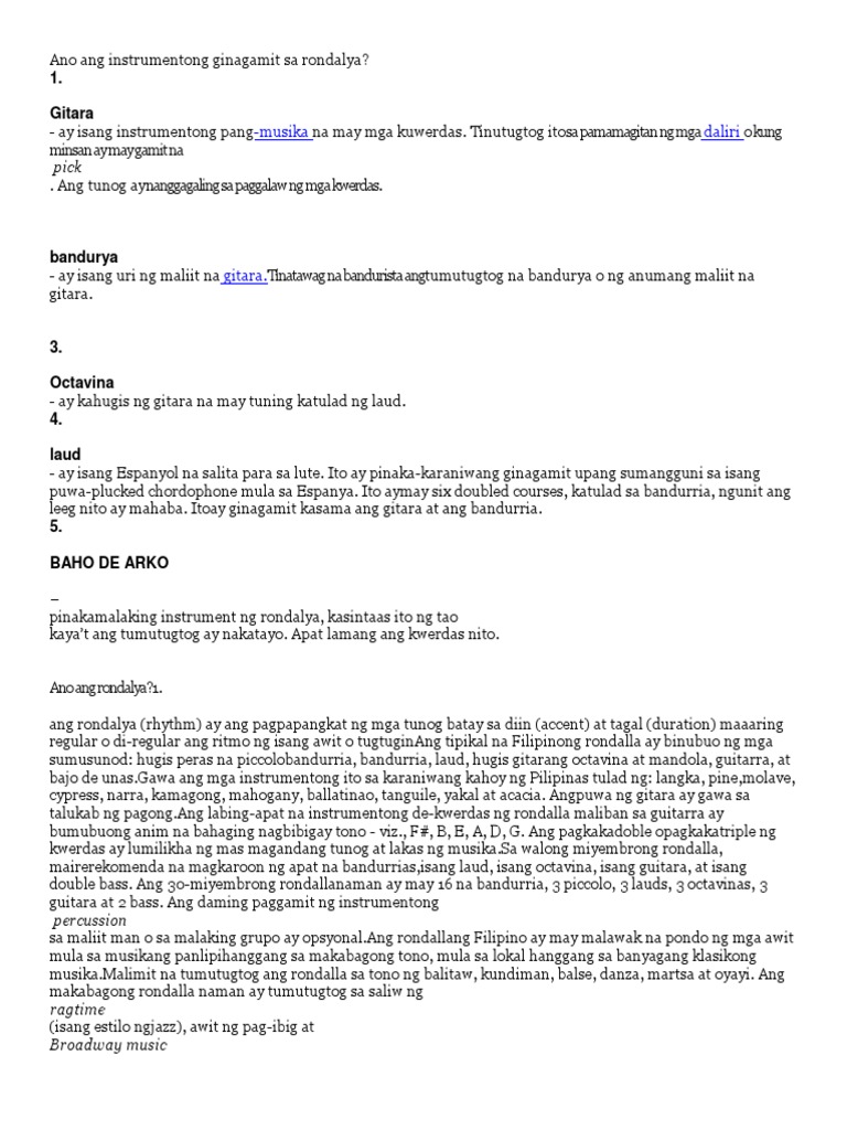 Ano Ang Instrumentong Ginagamit Sa Rondalya | PDF