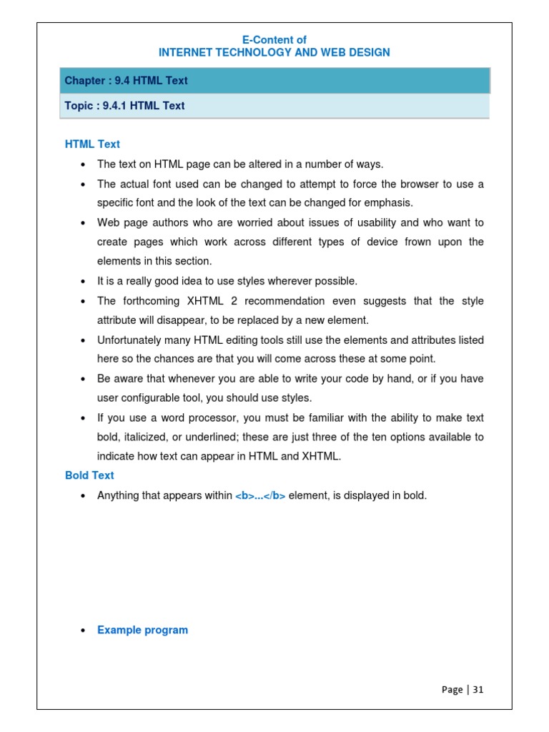 Chapter: 9.4 HTML Text Topic: 9.4.1 HTML Text: E-Content of Internet Technology and Web Design ...