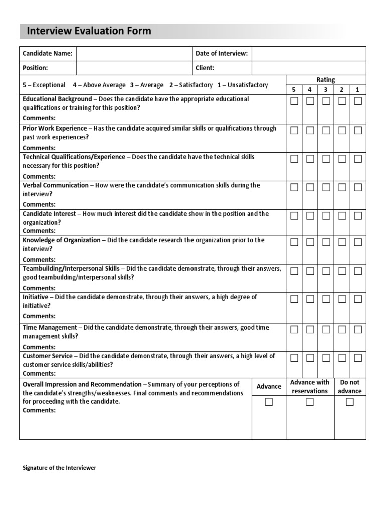 Interview Evaluation Form: Signature of The Interviewer | PDF ...