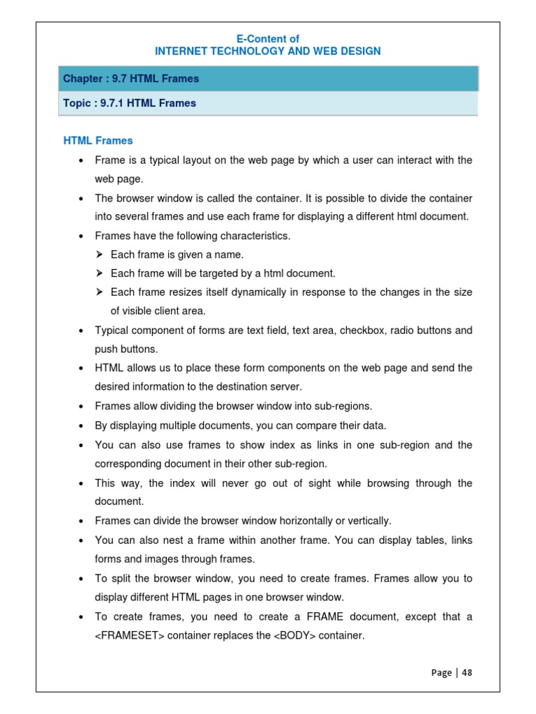 Chapter: 9.7 HTML Frames Topic: 9.7.1 HTML Frames: E-Content of ...