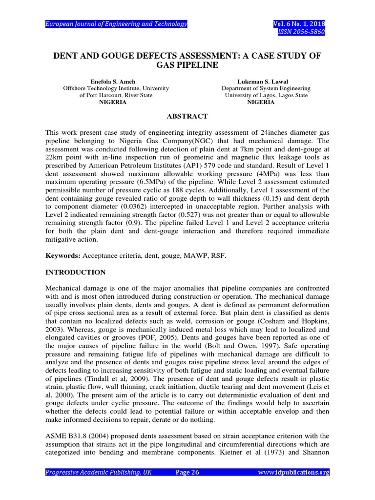 Abstract Dent and Gouge Defects Assessment A Case Study of Gas Pipeline ...