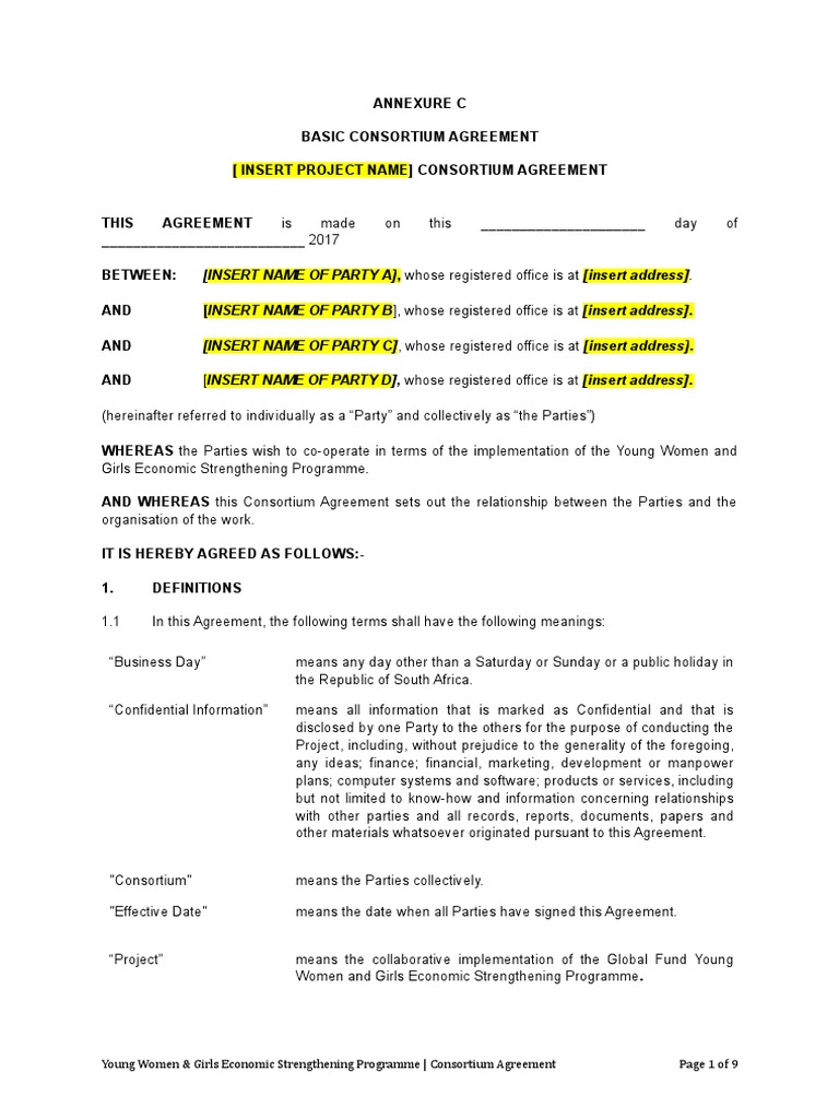 YWG ANNEX C Consortium Agreement Template | PDF | Indemnity | Social Institutions
