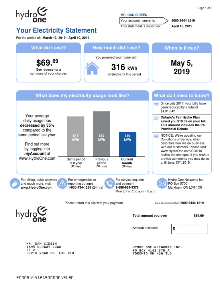 March-April 2019 Hydro One Bill | PDF | Kilowatt Hour | Electric Power