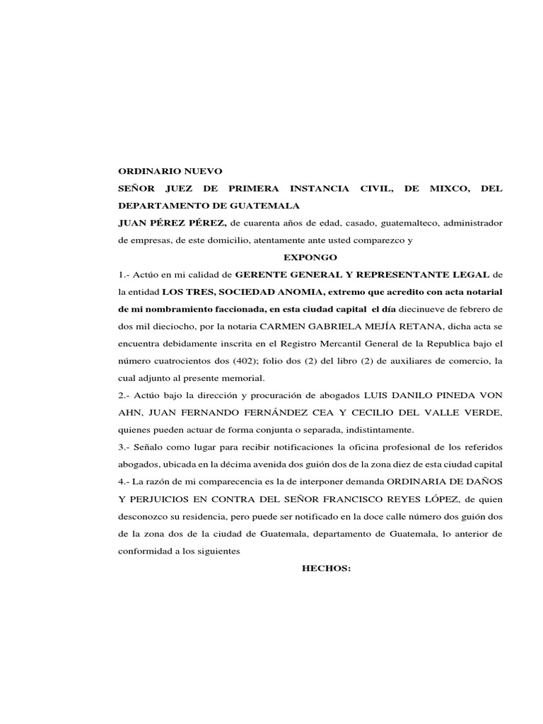 Demanda de Juicio Ordinario Civil. | PDF | Demanda judicial | Ley procesal
