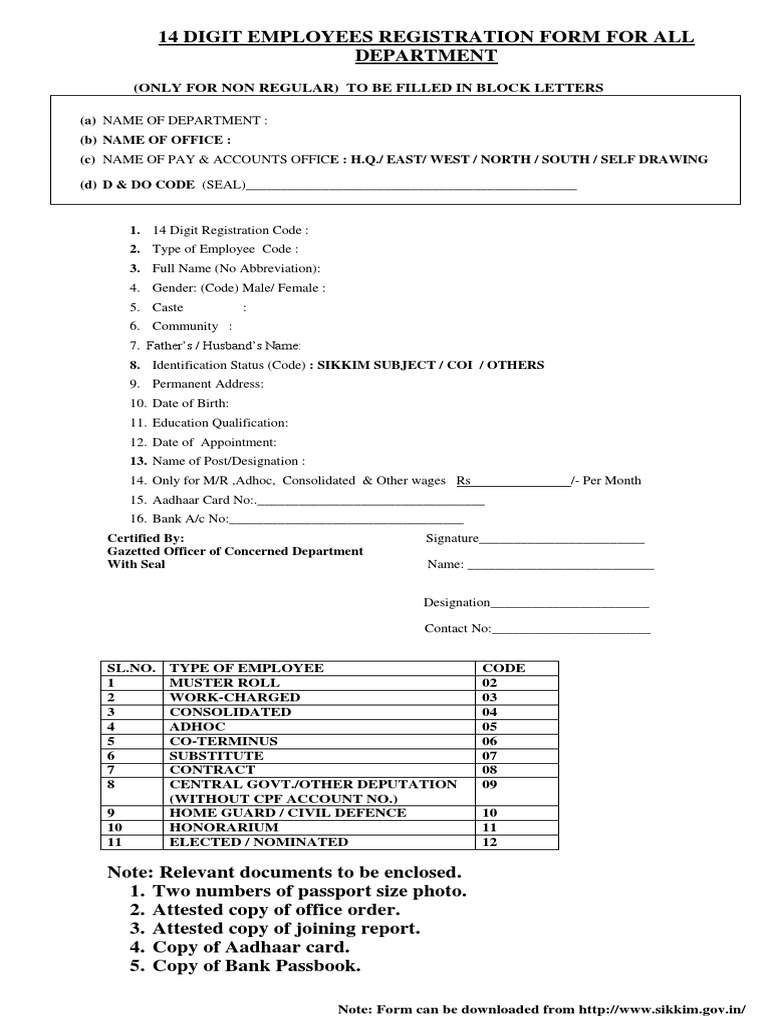 Sikkim 14-Digit Employee Registration Form | PDF | Official Documents ...