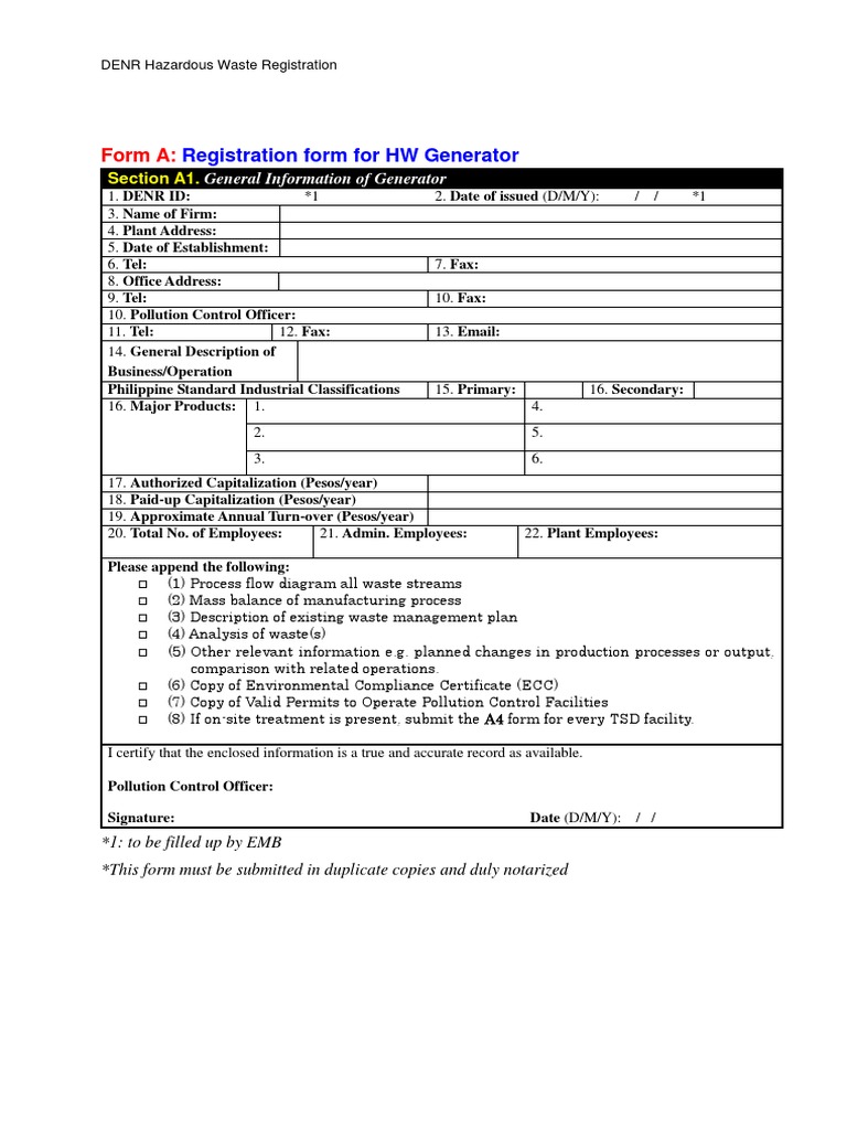 DENR Hazardous Waste Generator ID Form | PDF | Hazardous Waste | Waste ...
