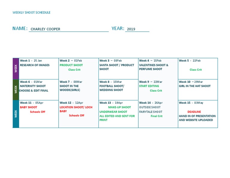 Weekly Photography Shoot Schedule 2019 | PDF | Sports & Recreation