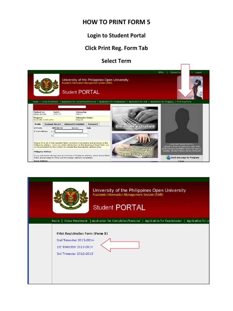 Login To Student Portal Click Print Reg. Form Tab Select Term | PDF