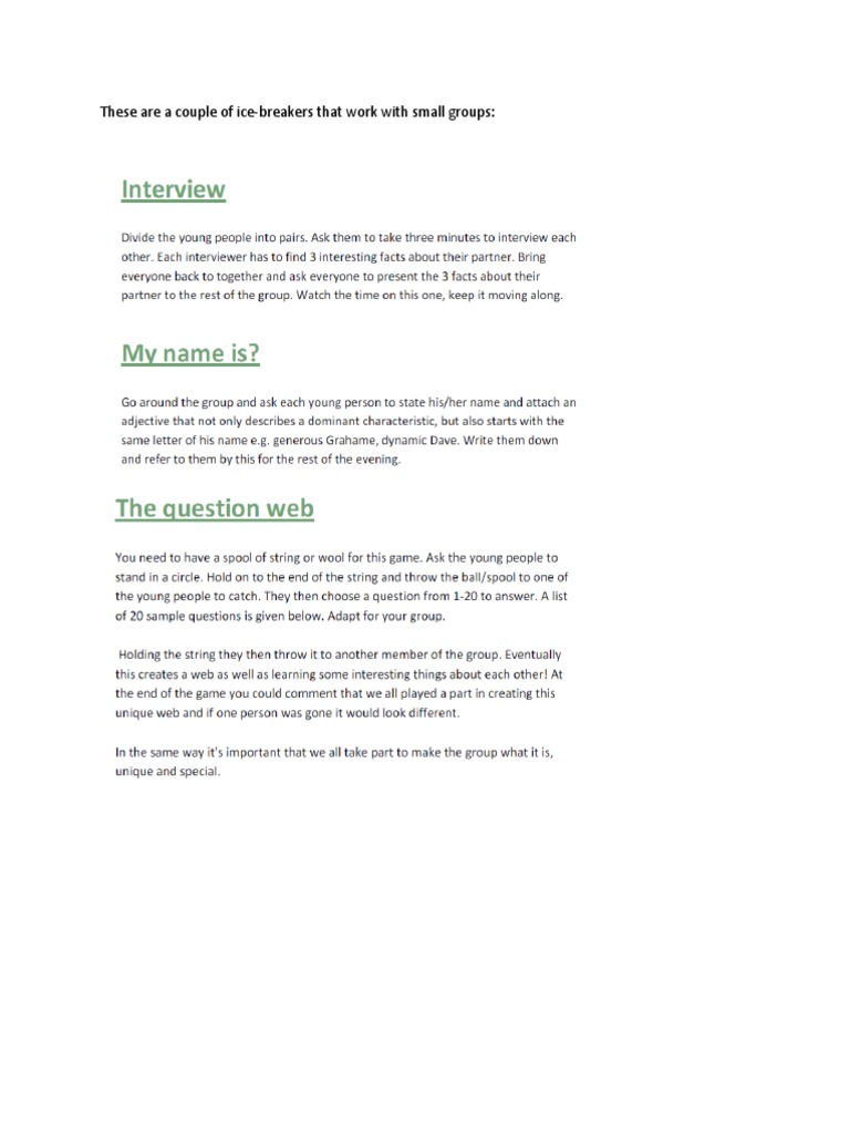 These Are A Couple of Ice-Breakers That Work With Small Groups | PDF