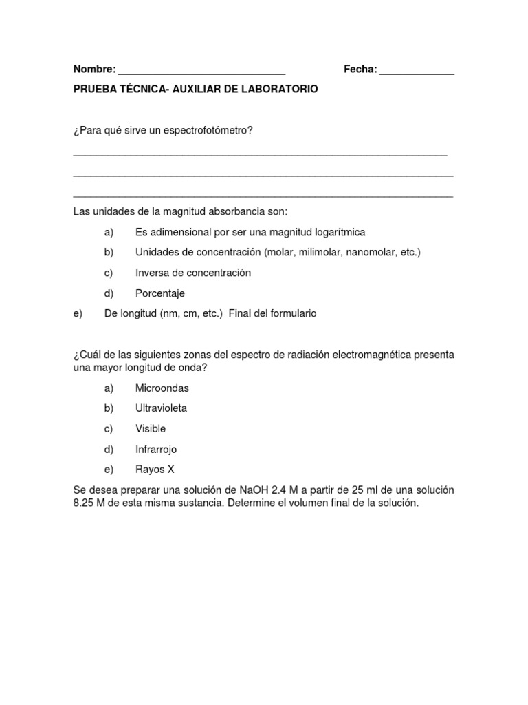 Prueba Técnica Auxiliar de Laboratorio | PDF | Concentración | Ph