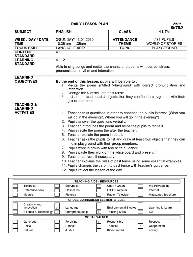 Daily Lesson Plan Subject Class Week / Day / Date Attendance Time Theme ...