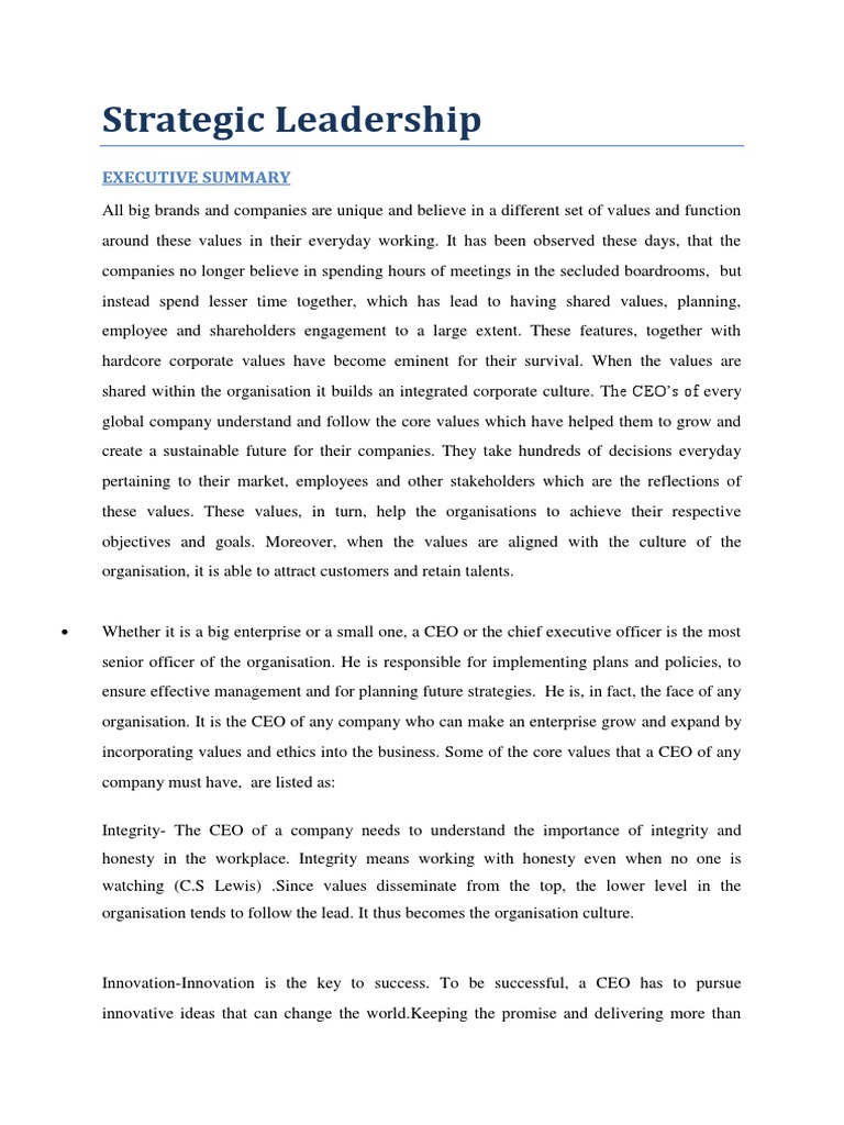 Strategic Leadership: Executive Summary | Download Free PDF | Value ...