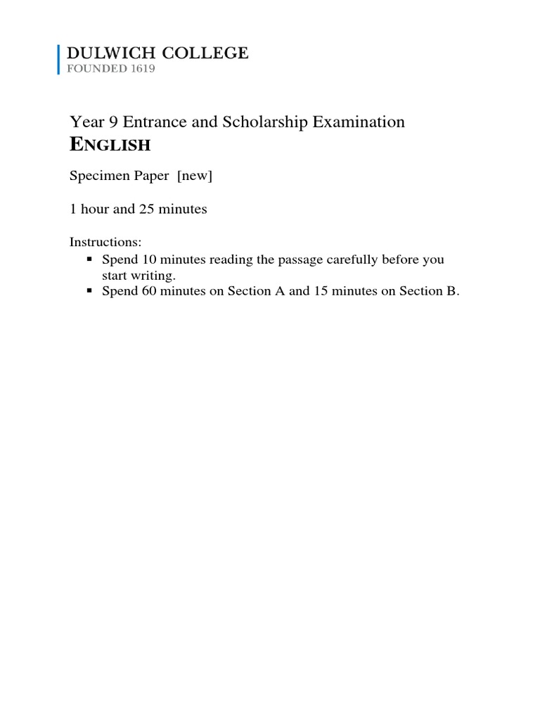 Dulwich College Year 9 English Specimen Test Exam Paper
