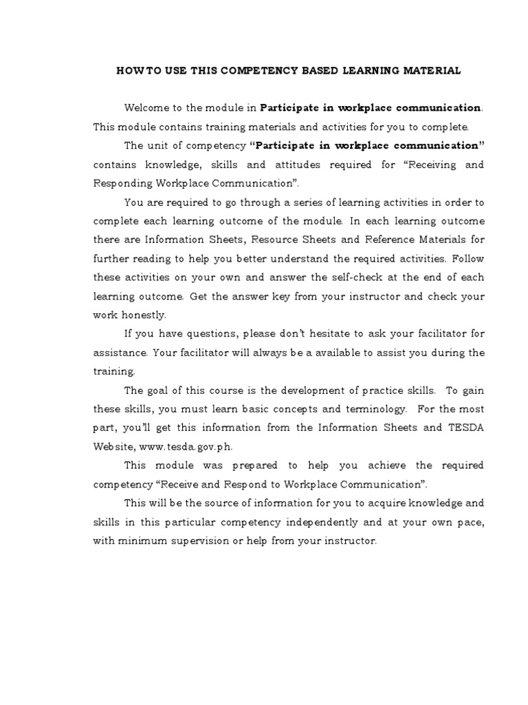 CBLM Basic - PARTICIPATE IN WORKPALCE COMMUNICATION | PDF | Competence (Human Resources ...