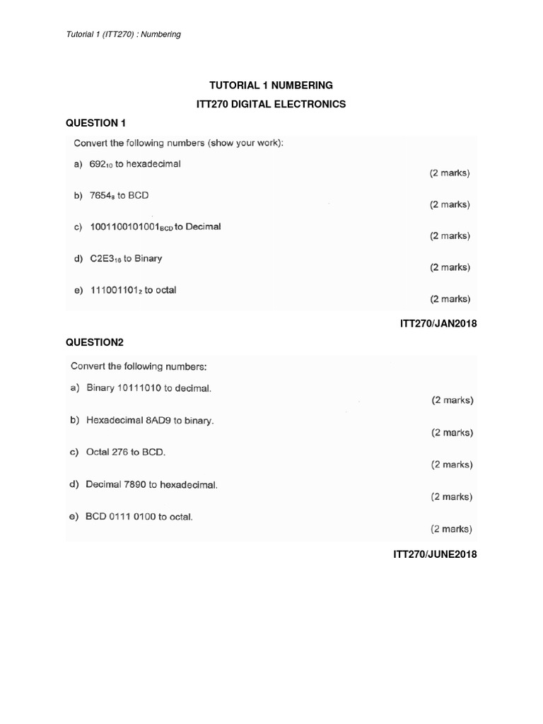 ITT270 Numbering Tutorial Questions | PDF