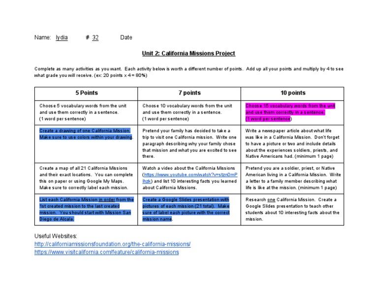 California Missions Project Activities | PDF | California | Communication
