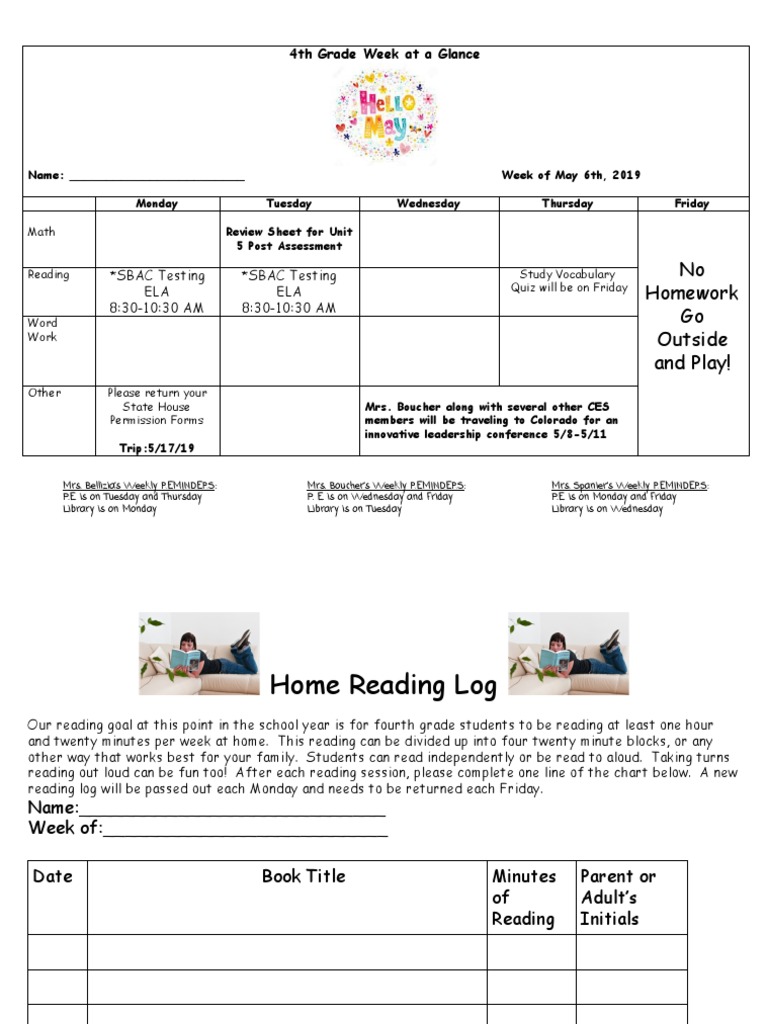 No Homework Go Outside and Play!: 4th Grade Week at A Glance | PDF ...