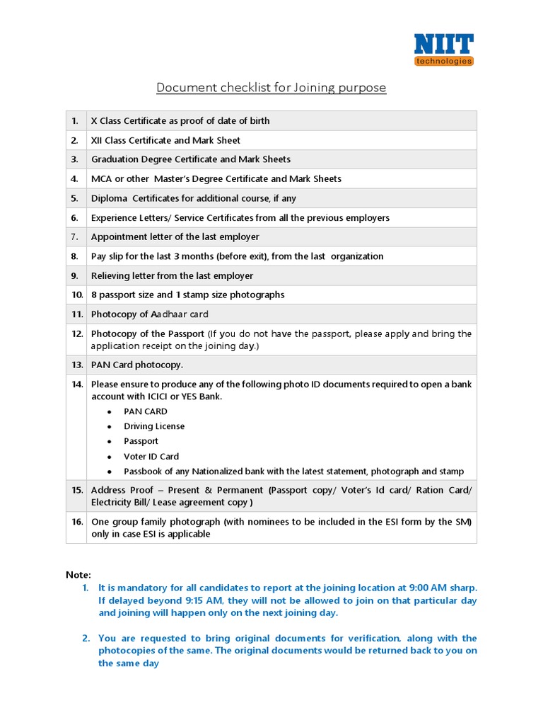Document Checklist For Joining Purpose: Application Receipt On The ...