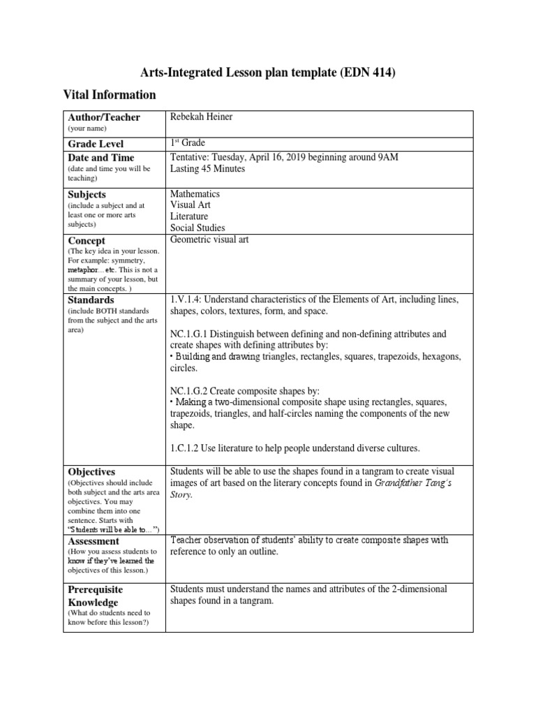 Arts-Integrated Lesson Plan Draft Heiner | PDF | Shape | Lesson Plan