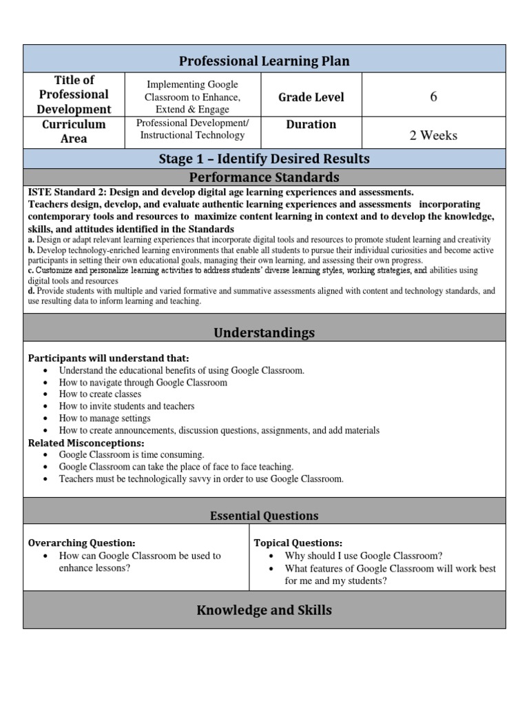 Professional Learning Plan: Title of Professional Development Grade ...